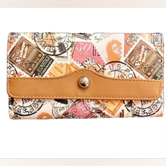 Bags | Vintage Style Postage Stamp Design Trifold Wallet Faux Leather ...